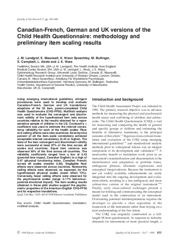(PDF) Canadian-French, German and UK versions of the Child Health ...