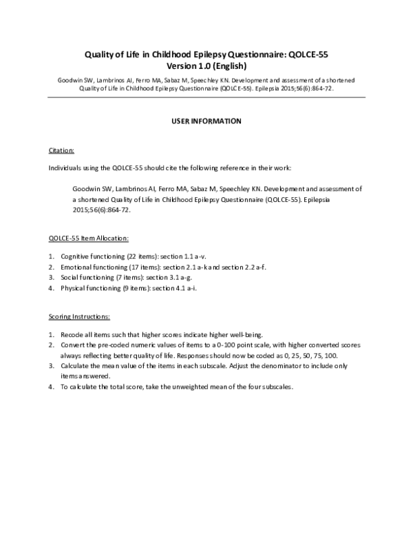 (PDF) Development and assessment of a shortened Quality of Life in ...