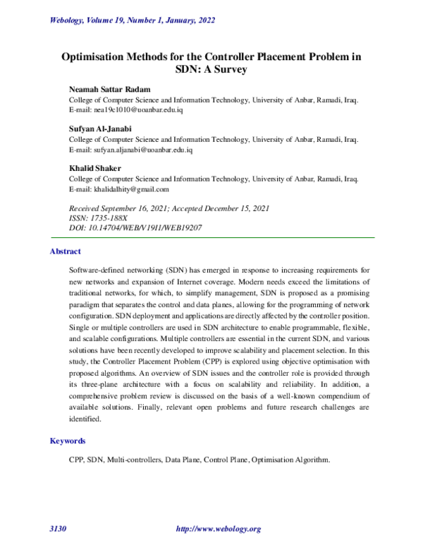 Pdf Optimisation Methods For The Controller Placement Problem In Sdn A Survey