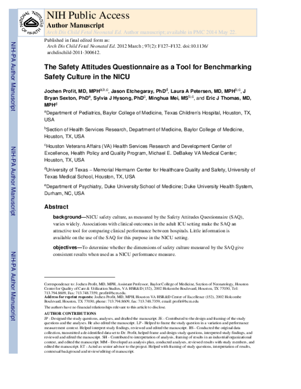 (PDF) The Safety Attitudes Questionnaire as a tool for benchmarking safety culture in the NICU