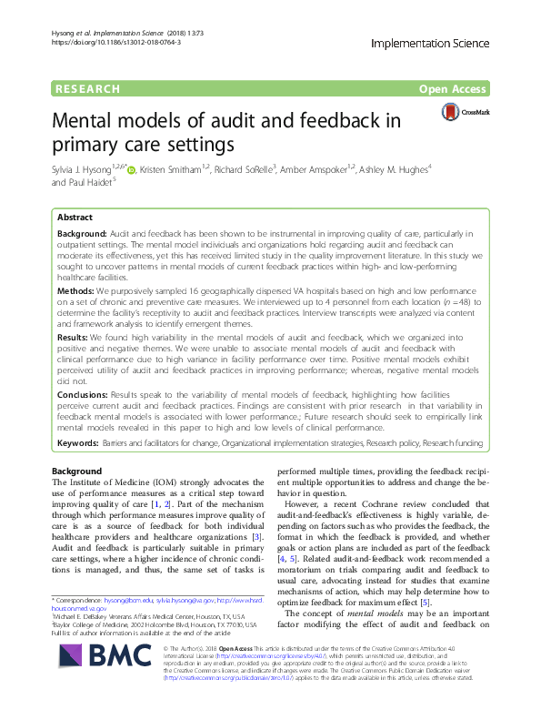 (PDF) Mental models of audit and feedback in primary care settings