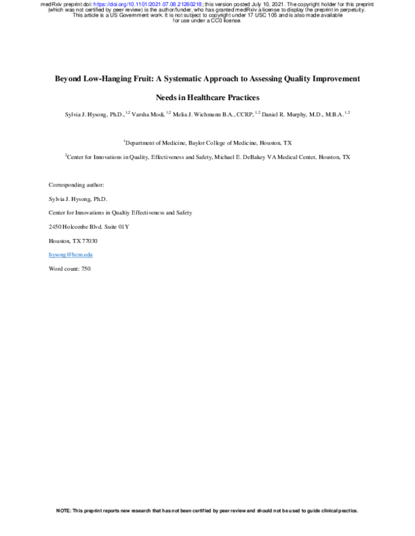 (PDF) Beyond Low-Hanging Fruit: A Systematic Approach to Assessing Quality Improvement Needs in ...