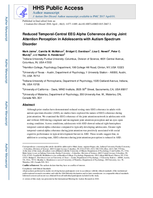 (PDF) Brief Report: Reduced Temporal-Central EEG Alpha Coherence During ...