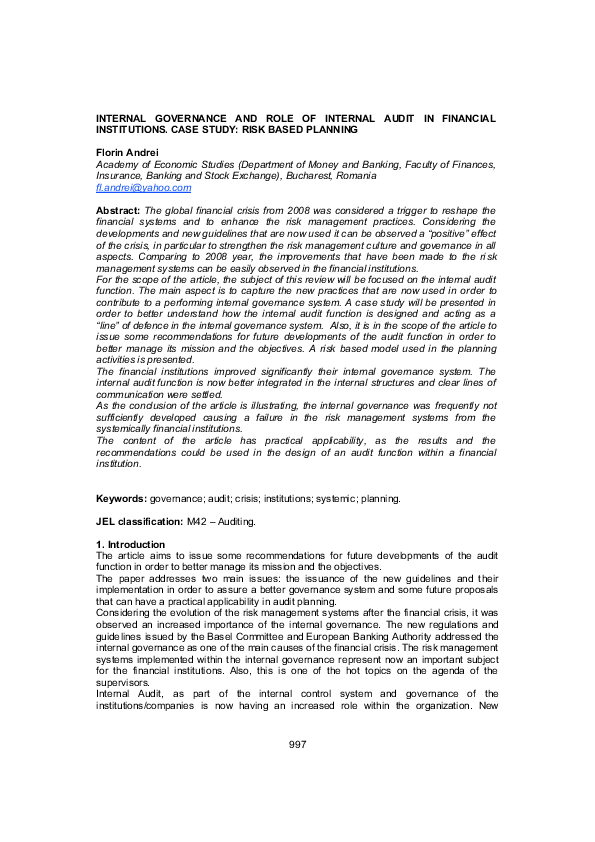 (PDF) Internal Governance and Role of Internal Audit in Financial ...