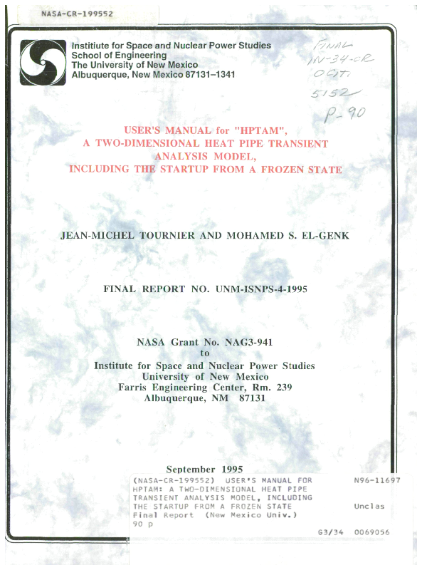 (PDF) User's Manual for HPTAM: a Two-Dimensional Heat Pipe Transient Analysis Model, Including ...