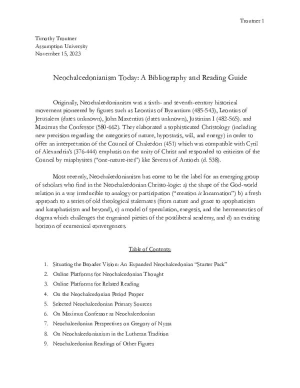 (PDF) Neochalcedonianism Today: A Bibliography and Reading Guide