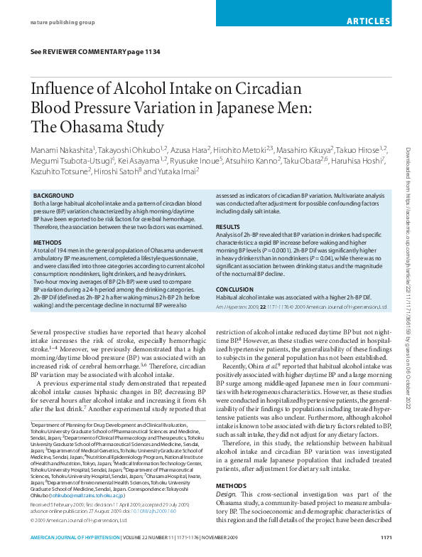 (PDF) Influence of Alcohol Intake on Circadian Blood Pressure Variation ...