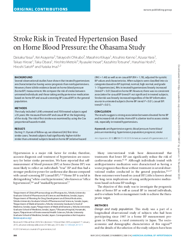 (PDF) Stroke Risk in Treated Hypertension Based on Home Blood Pressure ...