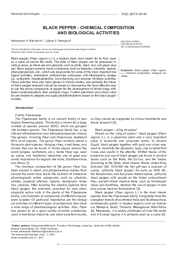 (PDF) Black pepper: Chemical composition and biological activities