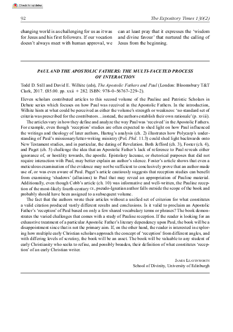 (PDF) Book Review: Paul and the Apostolic Fathers: The Multi-Faceted ...