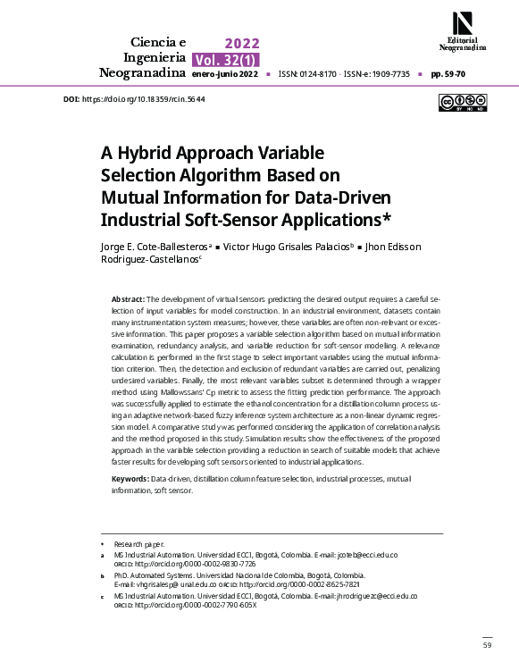 Pdf A Hybrid Approach Variable Selection Algorithm Based On Mutual