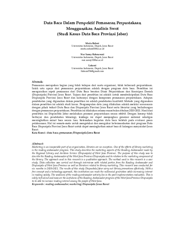 (PDF) Duta Baca Dalam Perspektif Pemasaran Perpustakaan Menggunakan ...