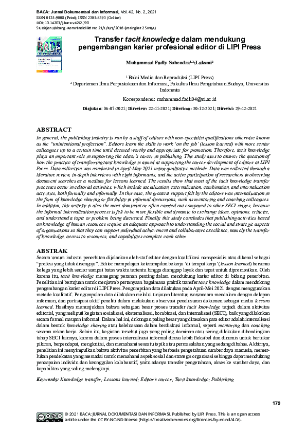 (PDF) Transfer Tacit Knowledge Dalam Mendukung Pengembangan Karier Profesional Editor DI Lipi Press