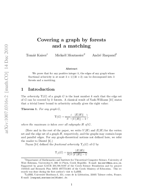 (PDF) Covering a Graph by Forests and a Matching | Jessica Valenzuela ...