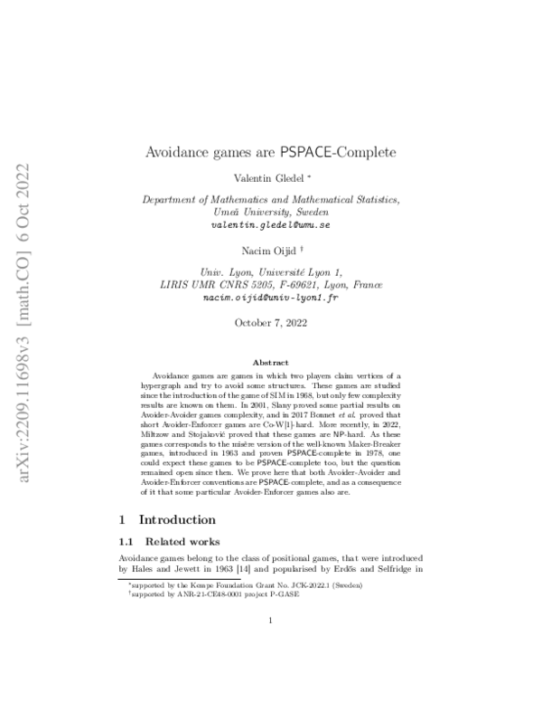 (PDF) Avoidance games are PSPACE-Complete