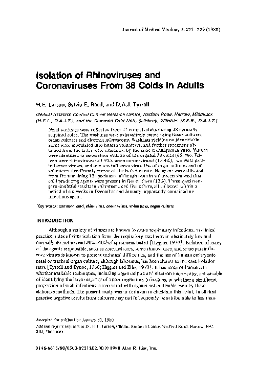 (PDF) Isolation of rhinoviruses and coronaviruses from 38 colds in adults