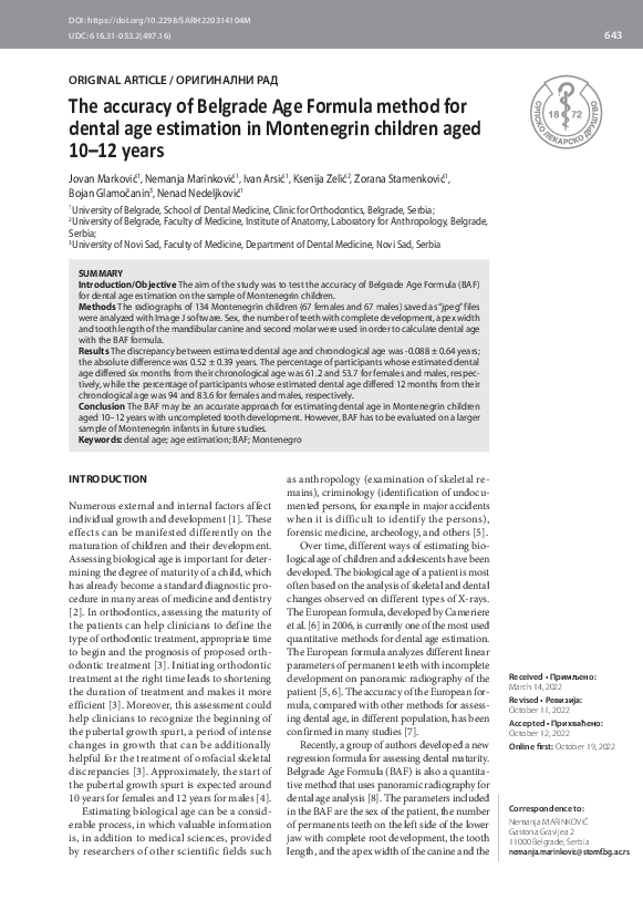 (PDF) The accuracy of Belgrade Age Formula method for dental age ...