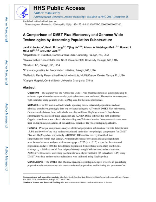 (PDF) A comparison of DMET Plus microarray and genome-wide technologies by assessing population ...