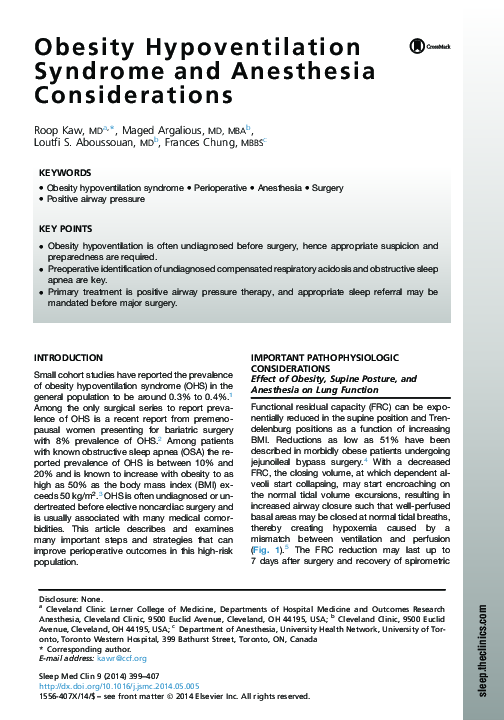 (PDF) Anesthesia Management for Obesity Hypoventilation Syndrome