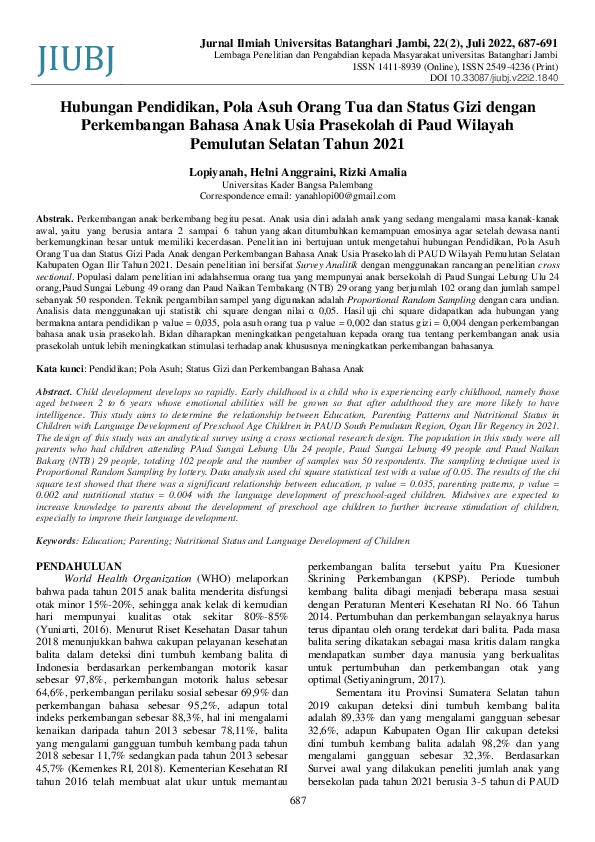 (PDF) Hubungan Pendidikan, Pola Asuh Orang Tua dan Status Gizi dengan Perkembangan Bahasa Anak ...