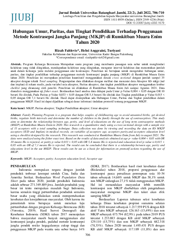(PDF) Hubungan Umur, Paritas, dan Tingkat Pendidikan Terhadap Penggunaan Metode Kontrasepsi ...