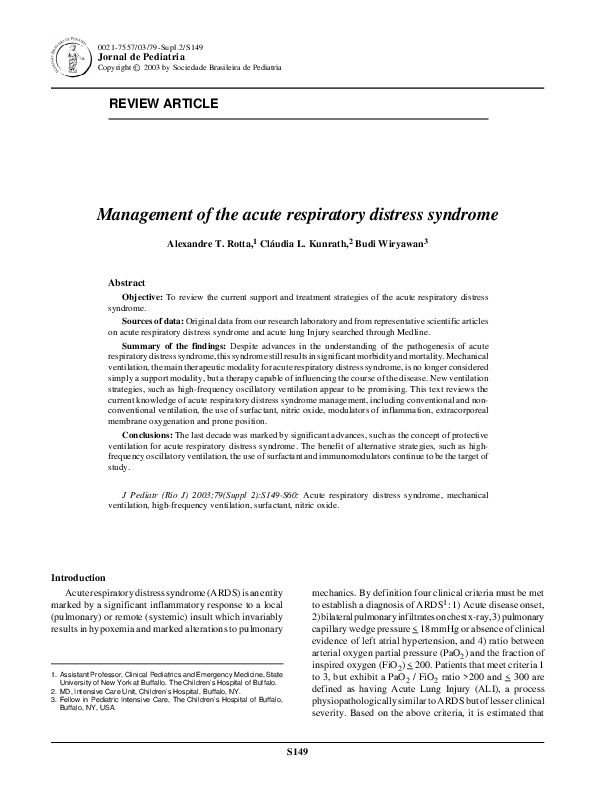 (PDF) Management of the acute respiratory distress syndrome