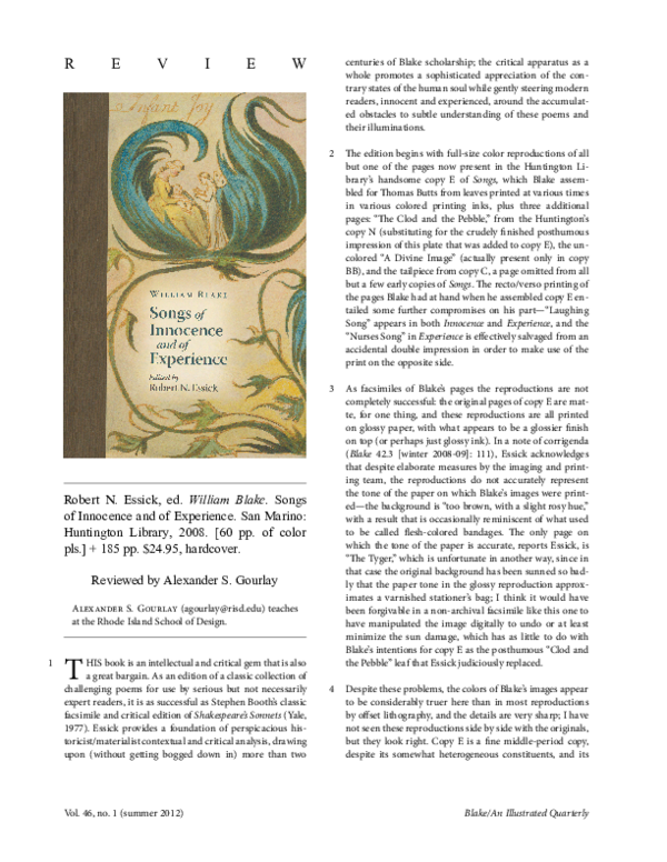 (PDF) Robert N. Essick, ed., William Blake. Songs of Innocence and of ...
