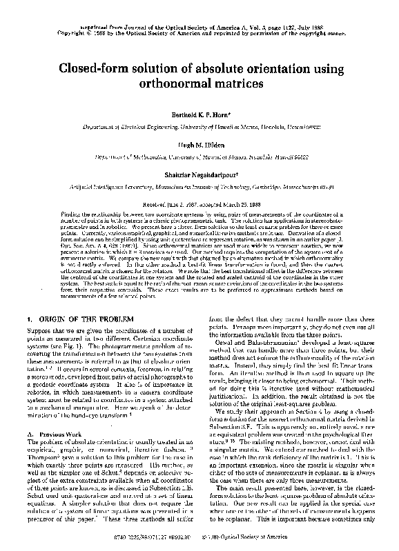 Pdf Closed Form Solution Of Absolute Orientation Using Orthonormal Matrices