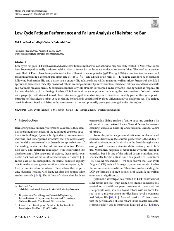 (PDF) Low Cycle Fatigue Performance and Failure Analysis of Reinforcing Bar