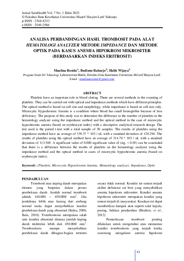 (PDF) Analisa Perbandingan Hasil Trombosit Pada Alat Hematologi ...