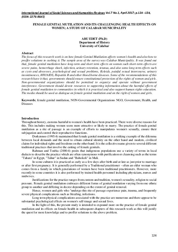 (PDF) Female Genital Mutilation and Its Challenging Health Effects on Women; a Study of Calabar ...