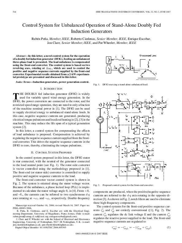 Pdf Control System For Unbalanced Operation Of Stand Alone Doubly Fed Induction Generators