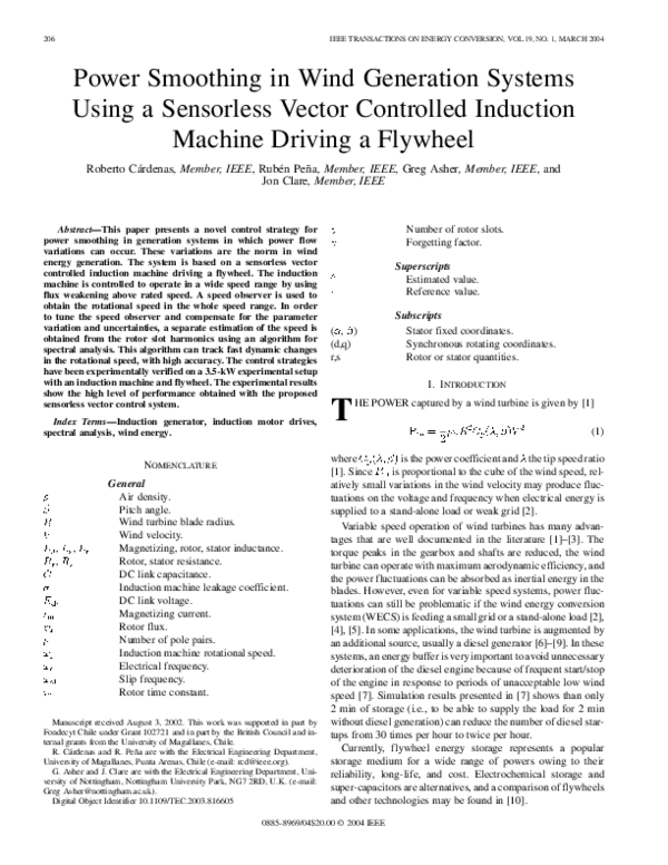 Pdf Power Smoothing In Wind Generation Systems Using A Sensorless Vector Controlled Induction