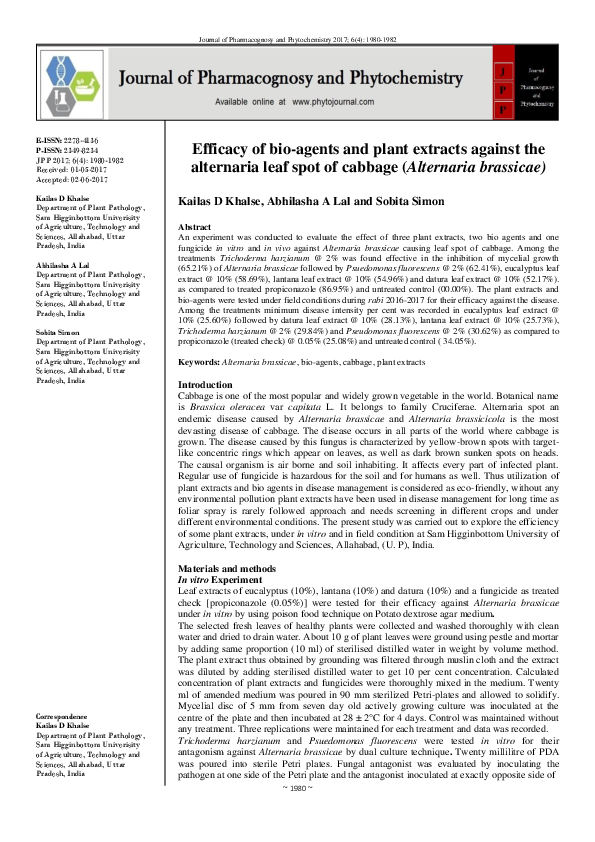 (PDF) Efficacy of bio-agents and plant extracts against the alternaria leaf spot of cabbage ...