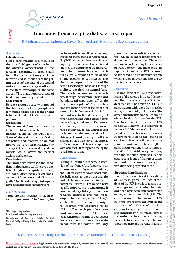 (PDF) Tendinous flexor carpi radialis: A case report