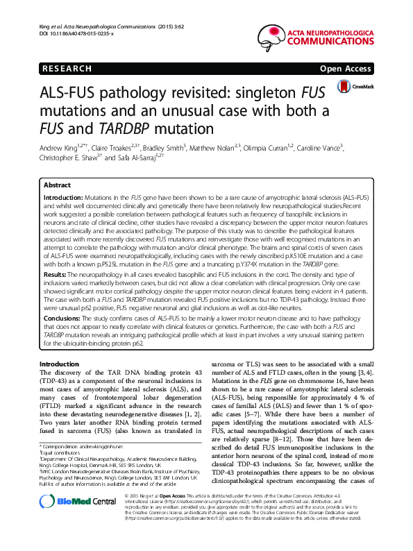 (PDF) ALS-FUS pathology revisited: singleton FUS mutations and an ...
