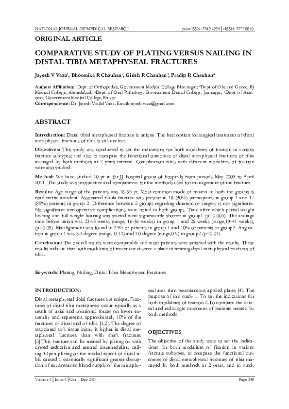 (PDF) Comparative Study of Plating versus Nailing in Distal Tibia Metaphyseal Fractures | pradip ...