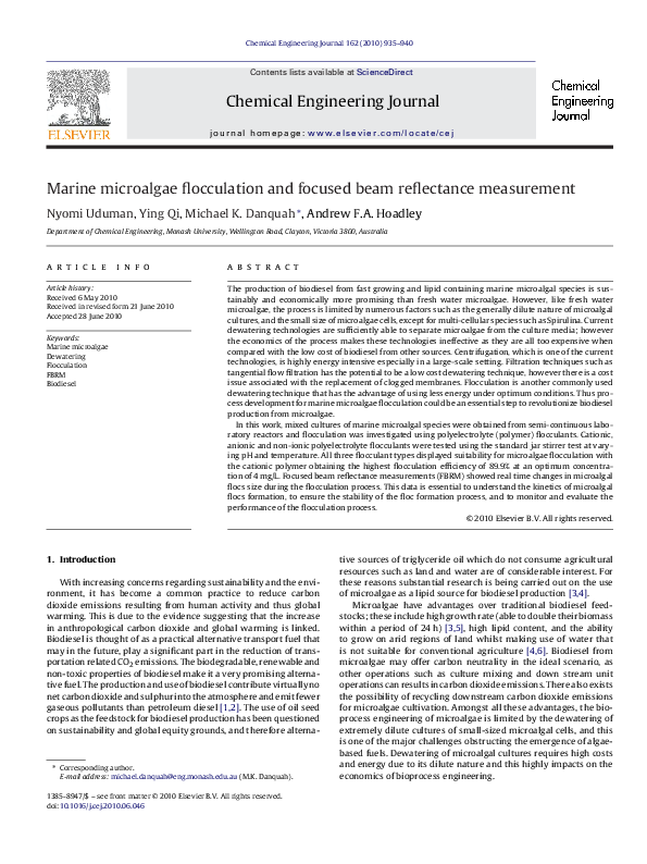 (PDF) Marine microalgae flocculation and focused beam reflectance ...