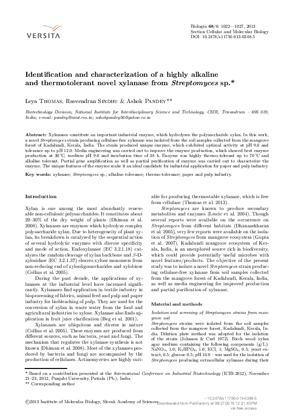(PDF) Identification and characterization of a highly alkaline and thermotolerant novel xylanase ...