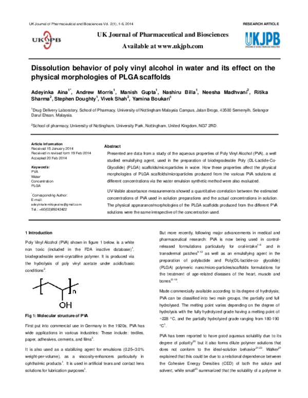 (PDF) Dissolution behavior of poly vinyl alcohol in water and its ...
