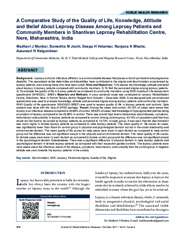 (PDF) A comparative study of the quality of life, knowledge, attitude and belief about leprosy ...