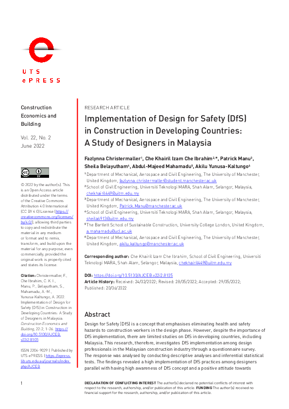 (PDF) Implementation of Design for Safety (DfS) in Construction in ...