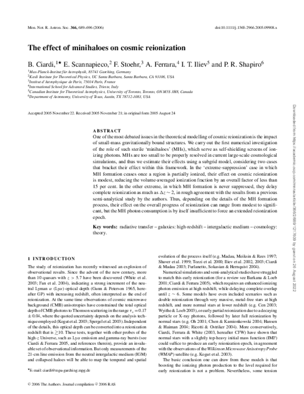 (PDF) The effect of minihaloes on cosmic reionization | Evan Scannapieco - Academia.edu