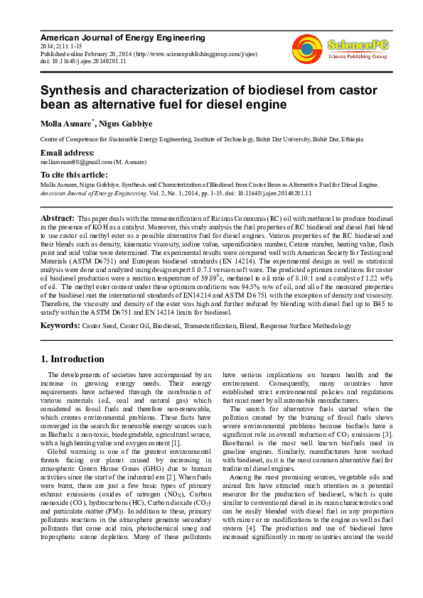 (PDF) Synthesis and Characterization of Biodiesel from Castor Bean as ...