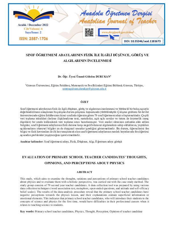 (PDF) Sinif Öğretmeni̇ Adaylarinin Fi̇zi̇k İle İlgi̇li̇ Düşünce, Görüş Ve Algilarinin İncelenmesi̇