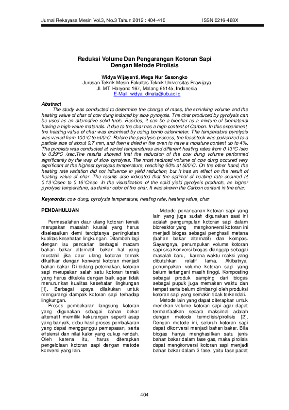 (PDF) Reduksi Volume Dan Pengarangan Kotoran Sapi Dengan Metode Pirolisis