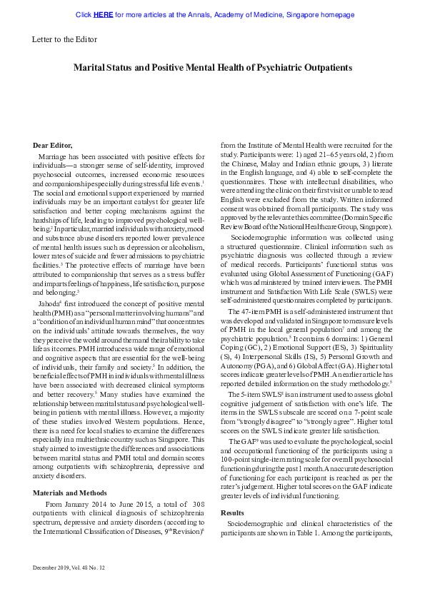 (PDF) Marital Status and Positive Mental Health of Psychiatric Outpatients
