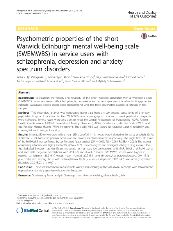 (PDF) Psychometric properties of the short Warwick Edinburgh mental ...