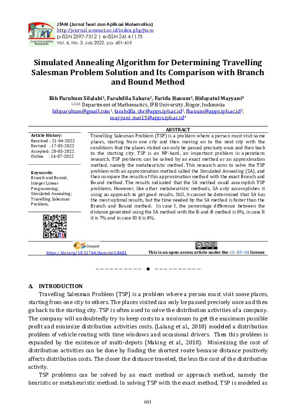 Pdf Simulated Annealing Algorithm For Determining Travelling Salesman Problem Solution And Its