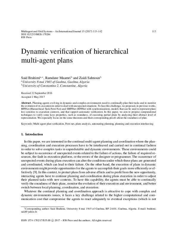 (PDF) Dynamic verification of hierarchical multi-agent plans